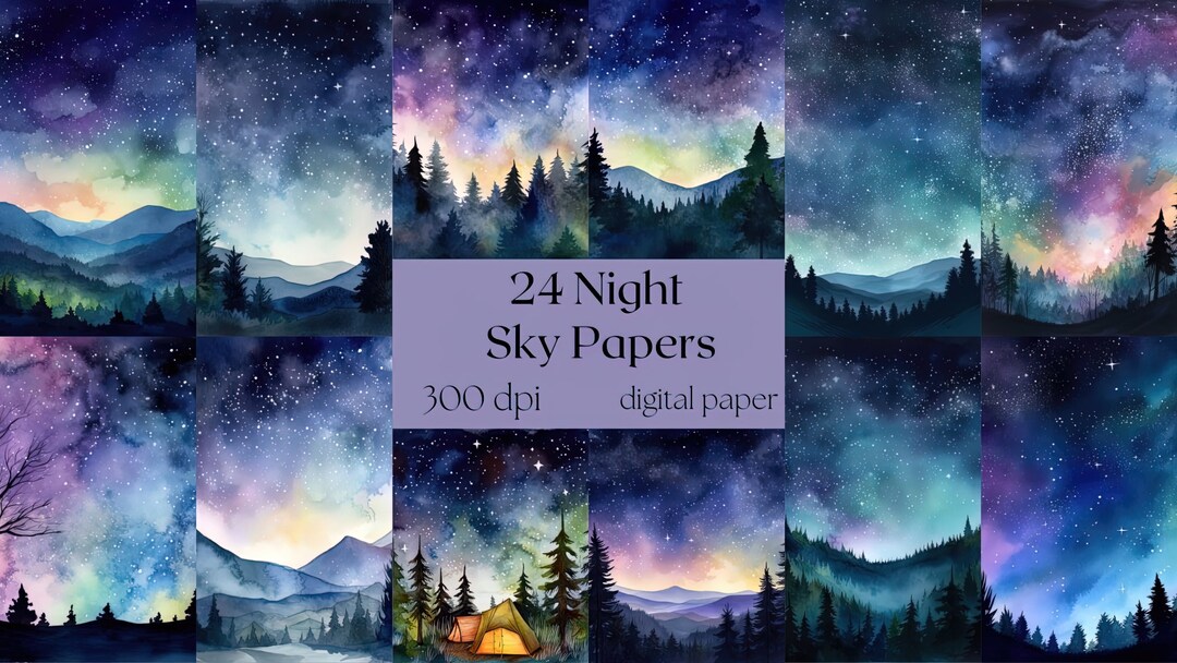 Watercolor Starry Night Digital Paper, Moon and Stars Printable ...