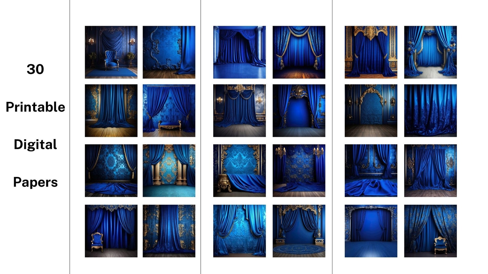 Luxury Royal Blue Digital Paper, Blue and Gold Ornate Curtain ...