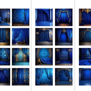 Luxury Royal Blue Digital Paper, Blue and Gold Ornate Curtain ...