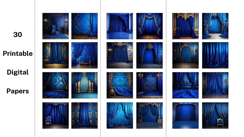 Luxury Royal Blue Digital Paper, Blue and Gold Ornate Curtain ...