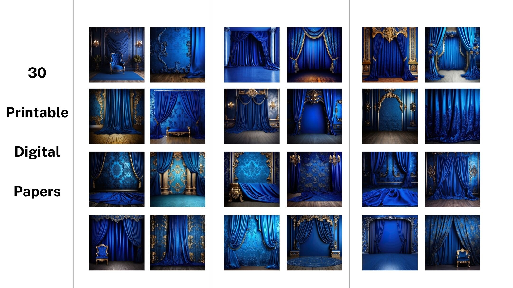 Luxury Royal Blue Digital Paper, Blue and Gold Ornate Curtain ...