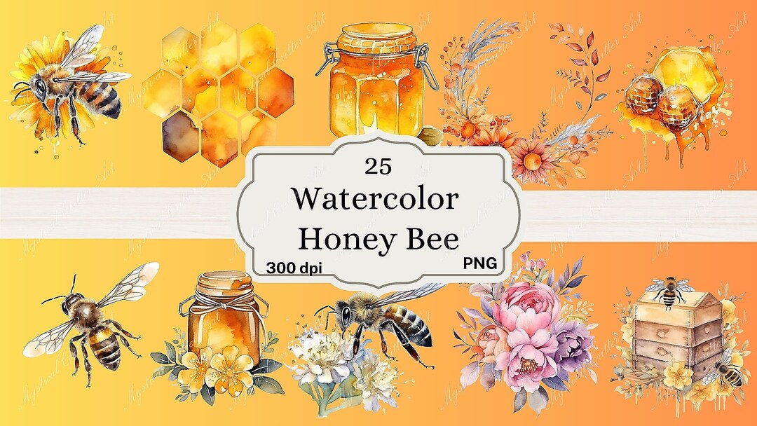 Watercolor Honey Bee Clipart, Spring Garden Bee and Honey Drip Clip Art ...