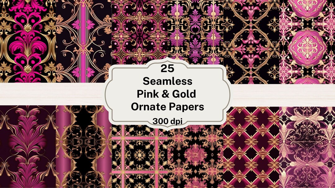 Pink and Gold Digital Paper, Seamless Ornate Pattern Backgrounds ...