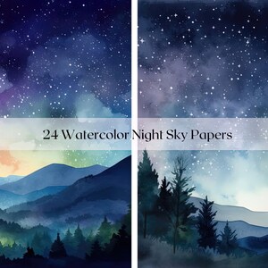 Watercolor Starry Night Digital Paper, Moon and Stars Printable ...