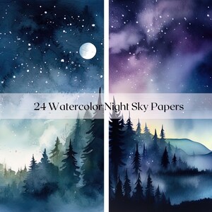 Watercolor Starry Night Digital Paper, Moon and Stars Printable ...