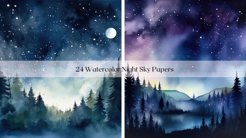 Watercolor Starry Night Digital Paper Moon and Stars - Etsy