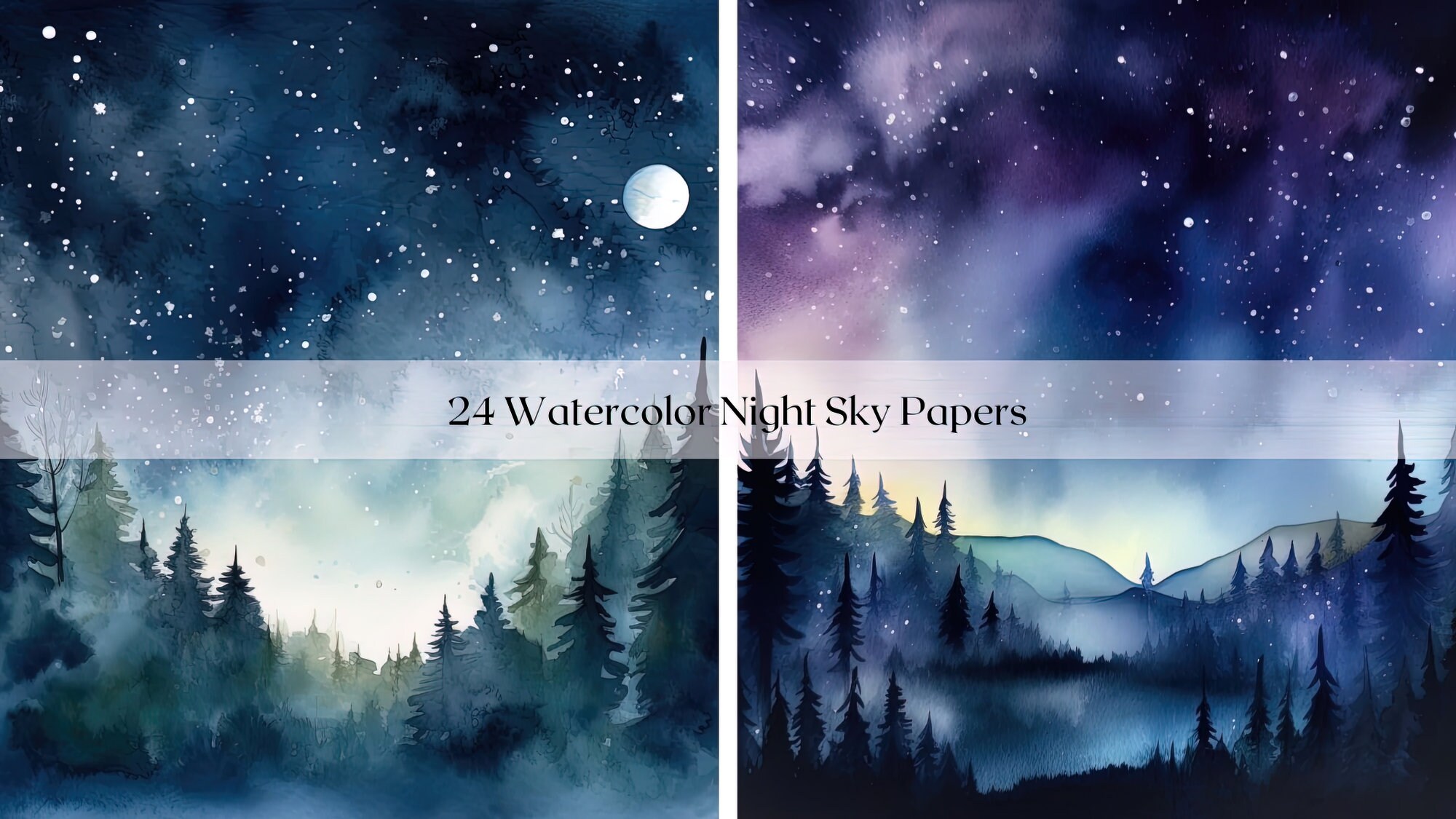 Watercolor Starry Night Digital Paper Moon and Stars - Etsy