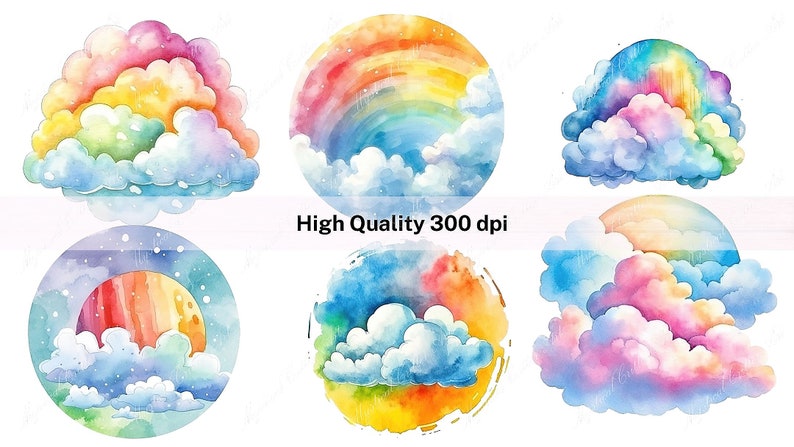 Watercolor Rainbow Cloud Clipart Watercolor Texture Rainbow - Etsy
