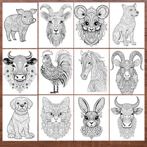 Farm Animal Mandala Coloring Book - 35 Grayscale Printable Adult ...