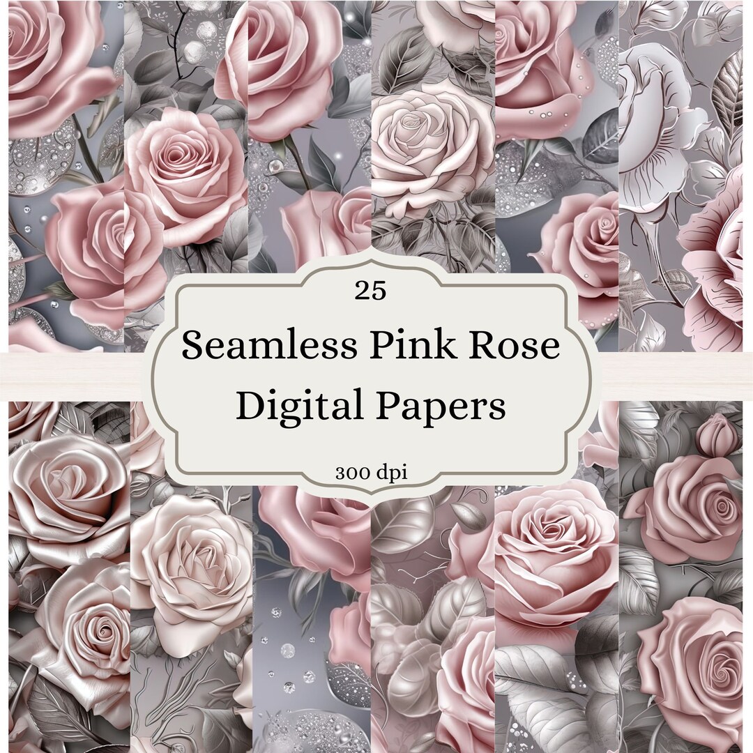 Pink and Silver Digital Paper, Seamless Pink Rose Pattern Backgrounds ...