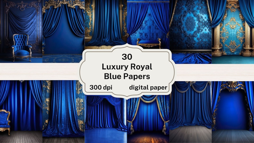 Luxury Royal Blue Digital Paper, Blue and Gold Ornate Curtain ...