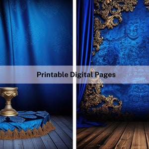 Luxury Royal Blue Digital Paper, Blue and Gold Ornate Curtain ...