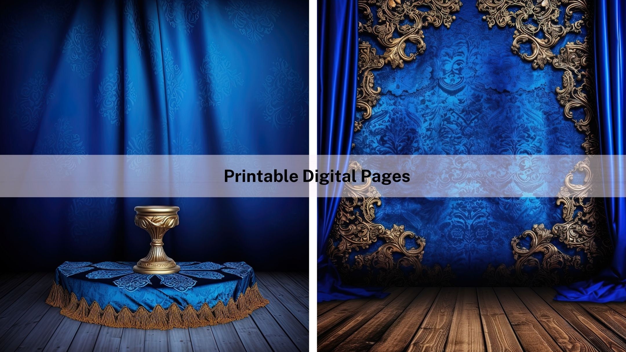 Luxury Royal Blue Digital Paper, Blue and Gold Ornate Curtain ...