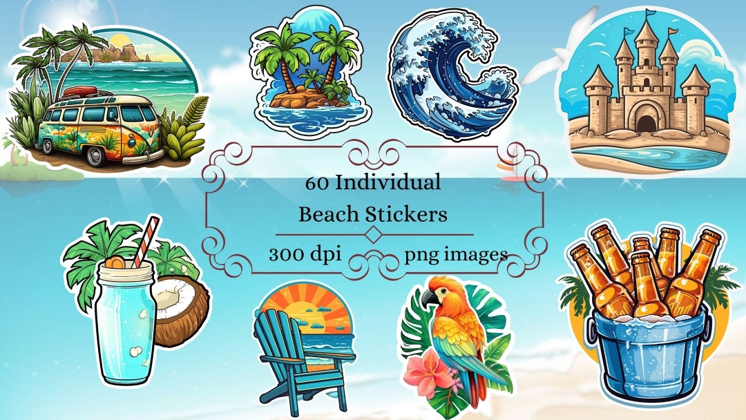 60 PNG Beach Stickers Pack - Printable Summer Stickers Digital Download ...