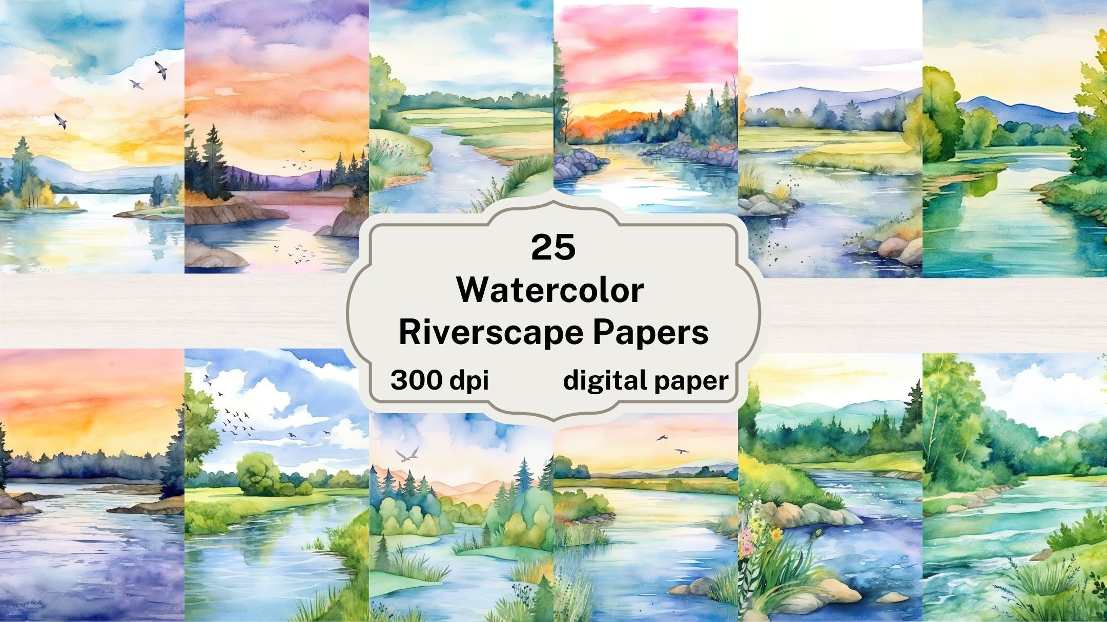 Watercolor Riverscape Digital Paper Watercolor River - Etsy