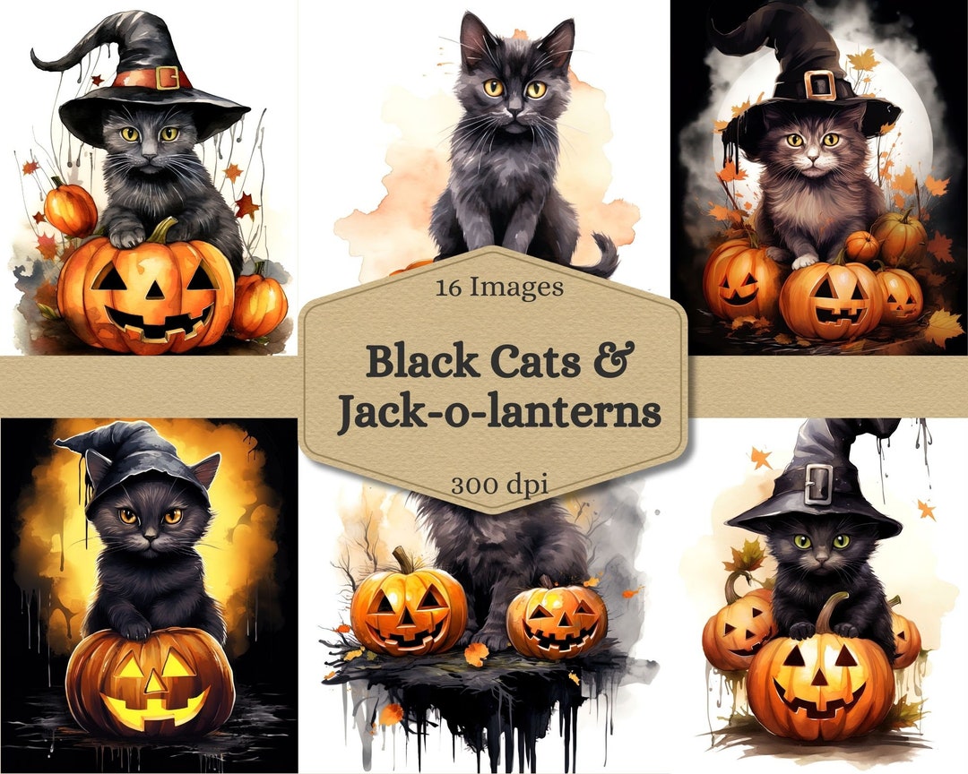 Black Cats & Jack-o-lanterns 16 Printable Watercolor - Etsy
