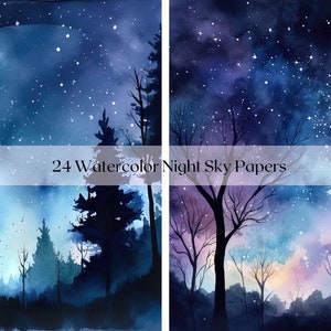 Watercolor Starry Night Digital Paper, Moon and Stars Printable ...