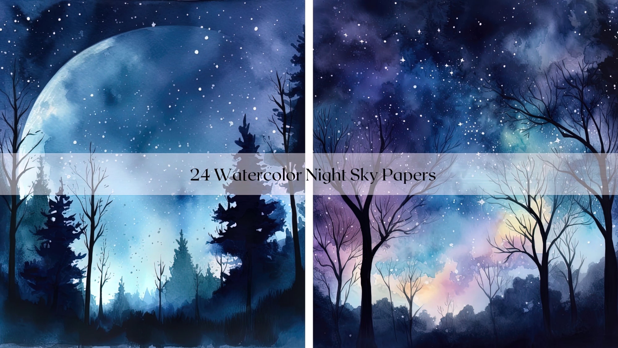 Watercolor Starry Night Digital Paper Moon and Stars - Etsy