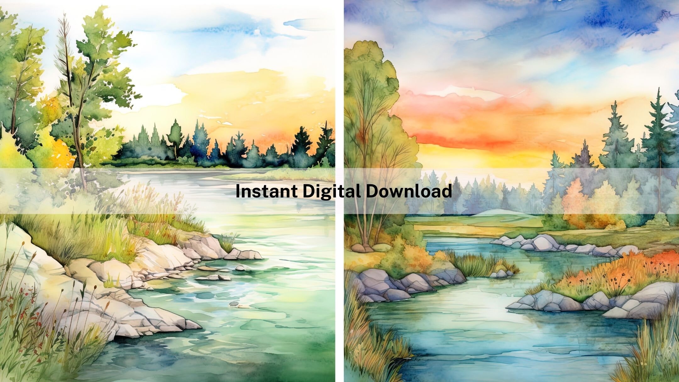 Watercolor Riverscape Digital Paper Watercolor River - Etsy