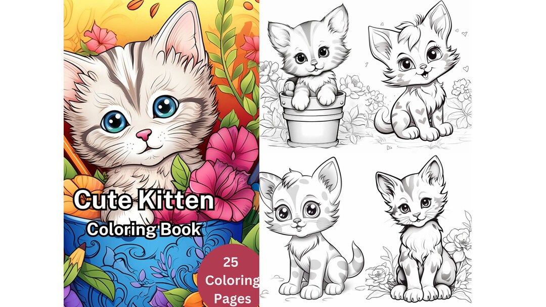 Cute Kitten Coloring Book, Printable Cat Coloring Pages for Adults and ...