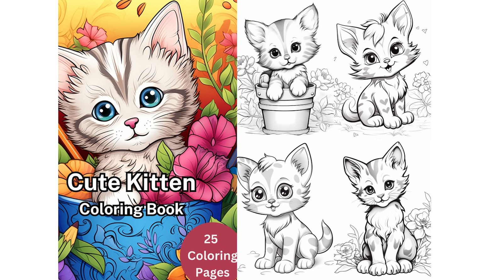 Cute Kitten Coloring Book, Printable Cat Coloring Pages for Adults and ...