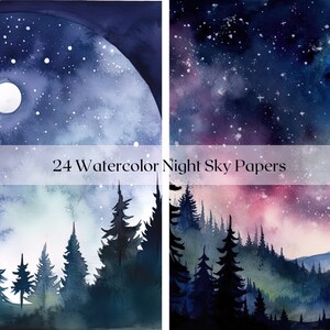 Watercolor Starry Night Digital Paper, Moon and Stars Printable ...