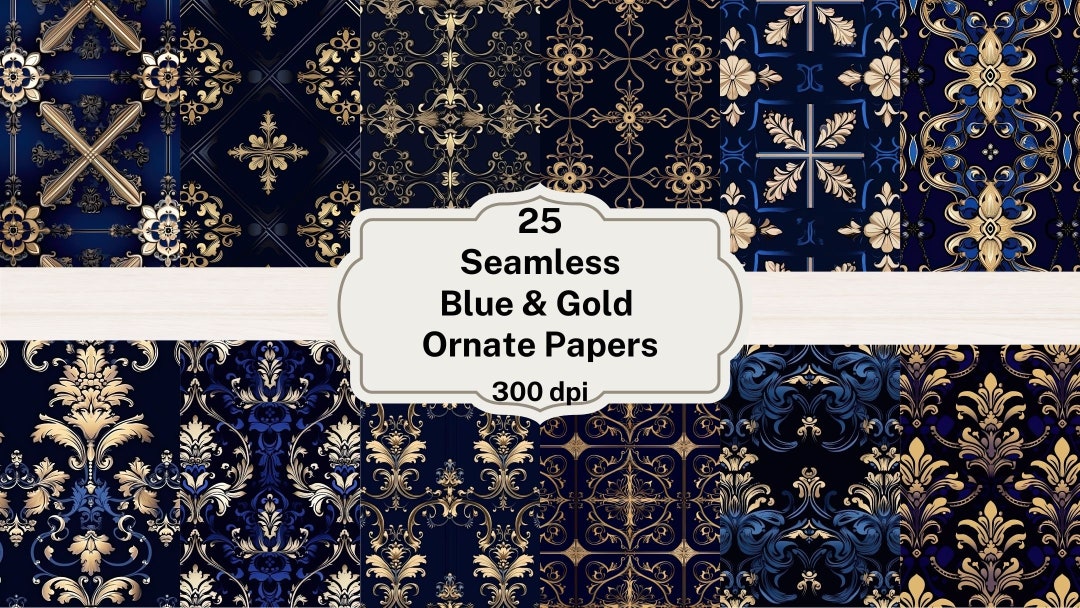 Blue and Gold Digital Paper, Seamless Ornate Pattern Backgrounds ...