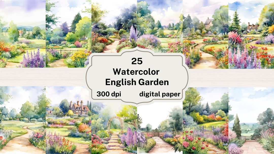 Watercolor English Garden Digital Paper, Watercolor Garden Backgrounds ...