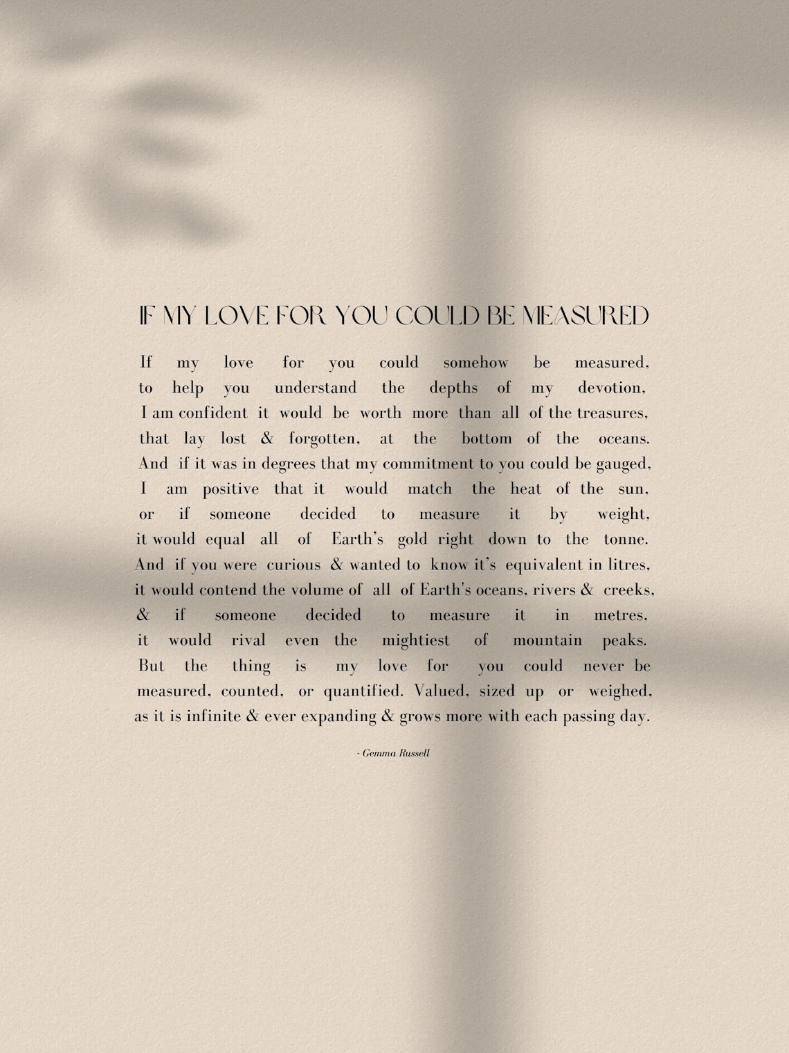 If My Love for You Could Be Measured, Love Poem, A4 Poetry Print ...