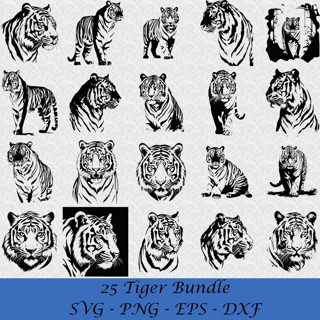 Tiger Silhouette SVG Bundle: 25 Tiger Clipart Images (digital Download ...