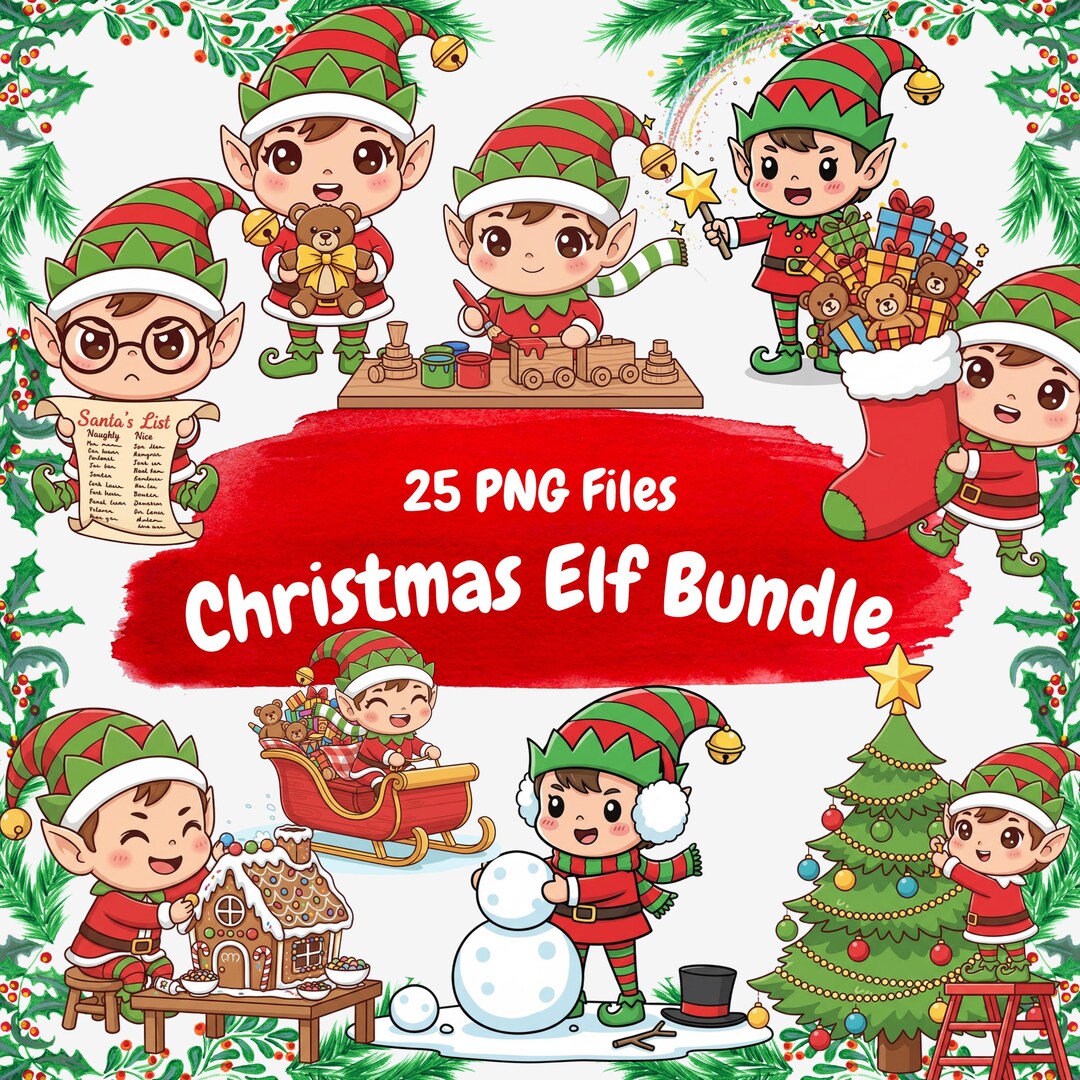 Cute Chibi Christmas Elf Clipart Bundle | Kawaii Pngs (digital Download ...