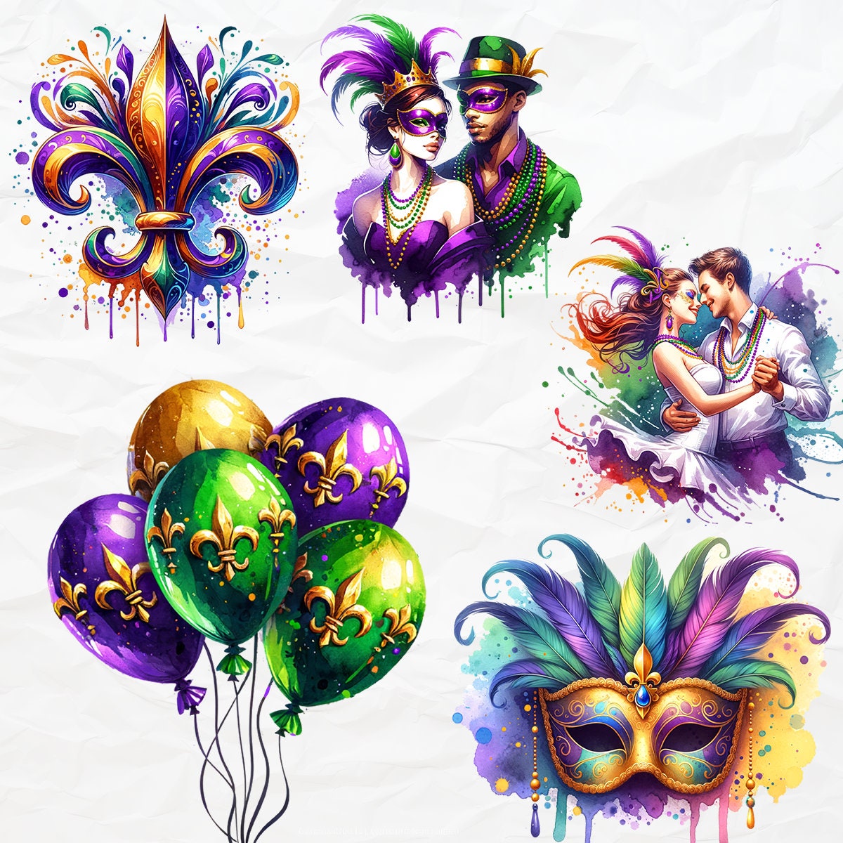 Watercolor Mardi Gras Clipart 15 Png Bundle Fleur De Lis Clipart Beads Necklace Fat Tuesday
