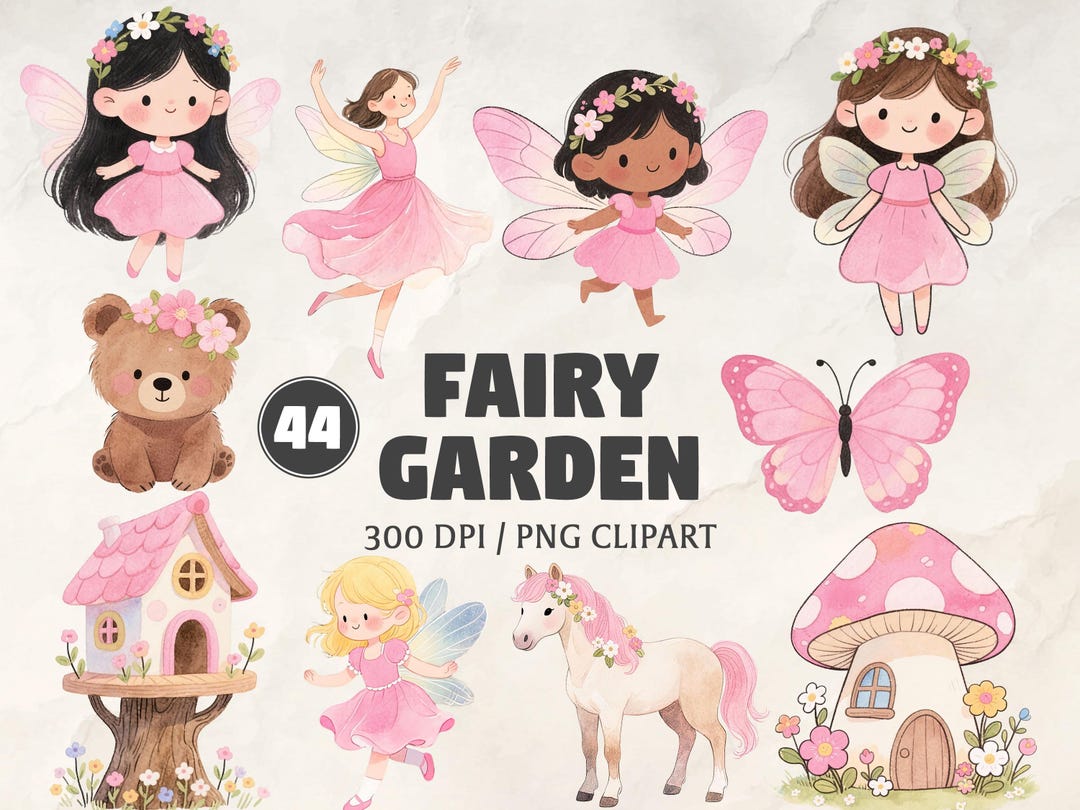 Watercolor Fairy Garden Clipart, Pink Fairy PNG, Cute Fairies Clip Art ...