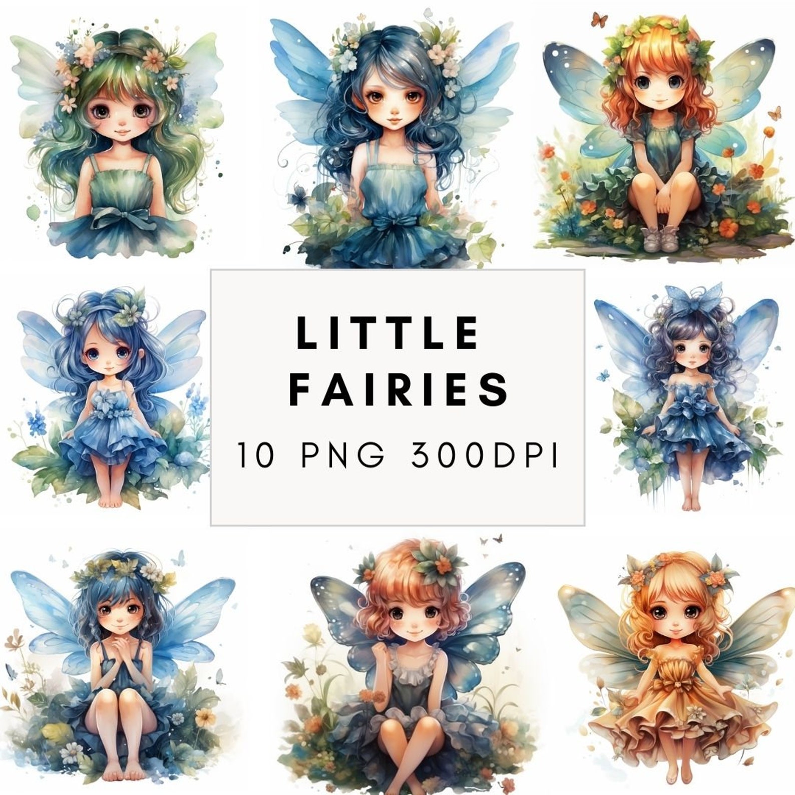 Cute Fairies Clipart, 10 PNG Clipart Bundle, Watercolor Fairy Girls ...