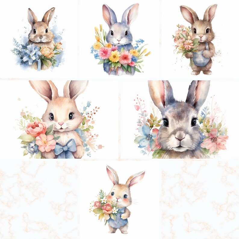 Bunnies Clipart, Floral Bunnies Clipart, Childrens Nursery Spring ...