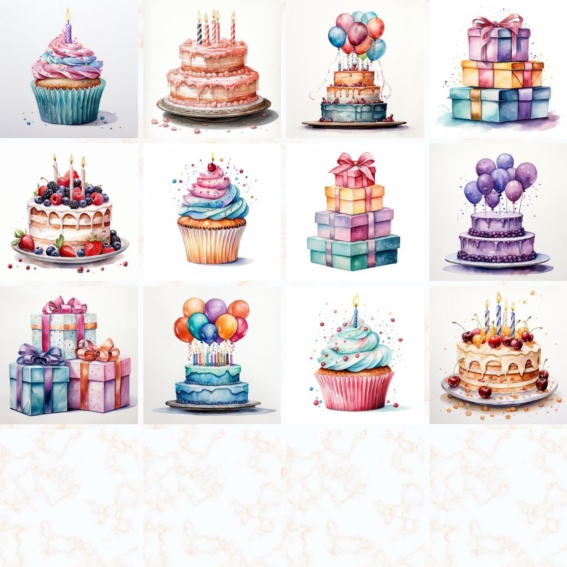 Watercolor Birthday Party Clipart, Birthday Cake Presents Balloons ...