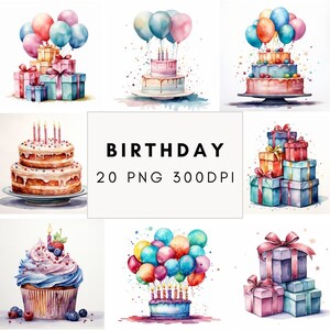 Watercolor Birthday Party Clipart, Birthday Cake Presents Balloons ...