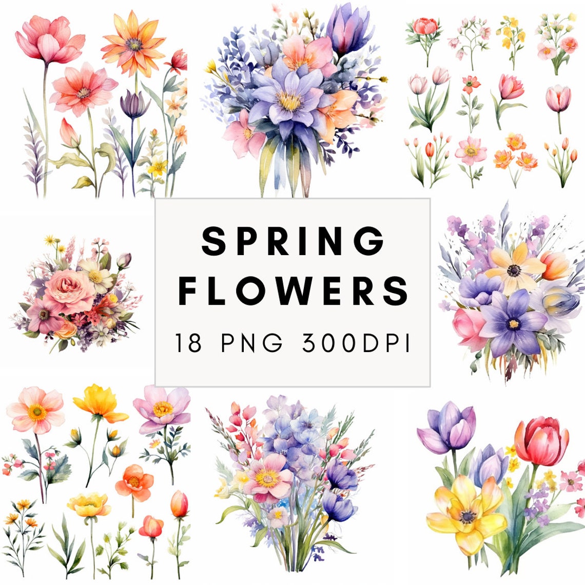 Watercolor Spring Flowers, Wild Flowers, Flower Arrangement DIY ...