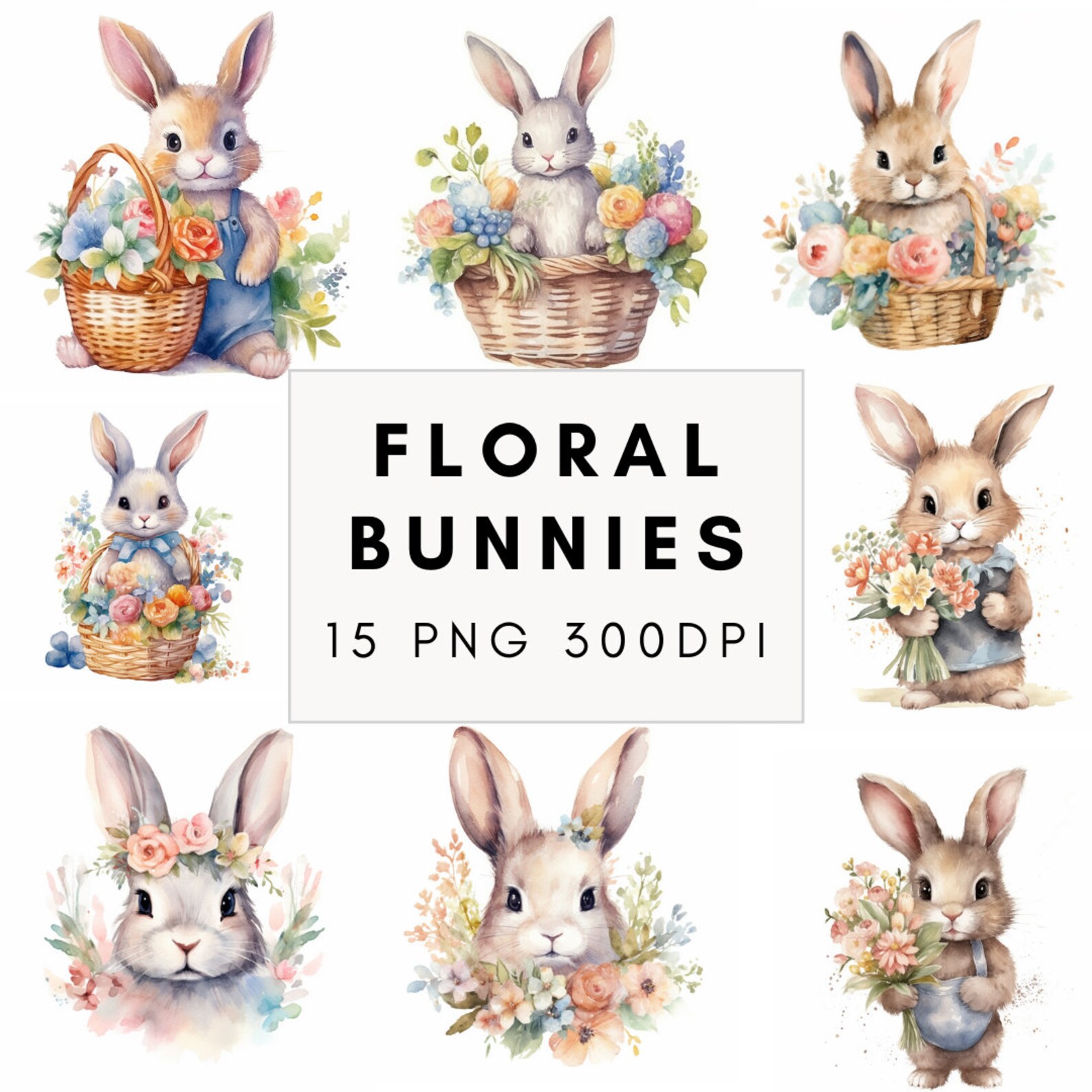 Bunnies Clipart, Floral Bunnies Clipart, Childrens Nursery Spring ...