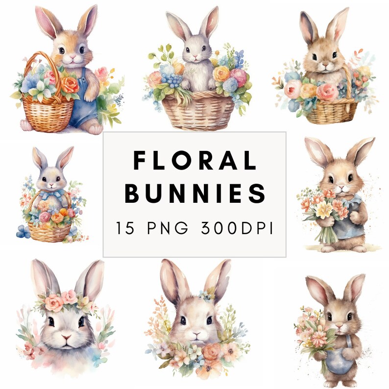 Bunnies Clipart, Floral Bunnies Clipart, Childrens Nursery Spring ...