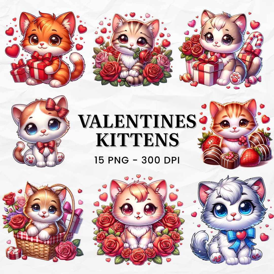 Watercolor Valentines Kittens Clipart, 15 PNG Valentines Day Clipart ...