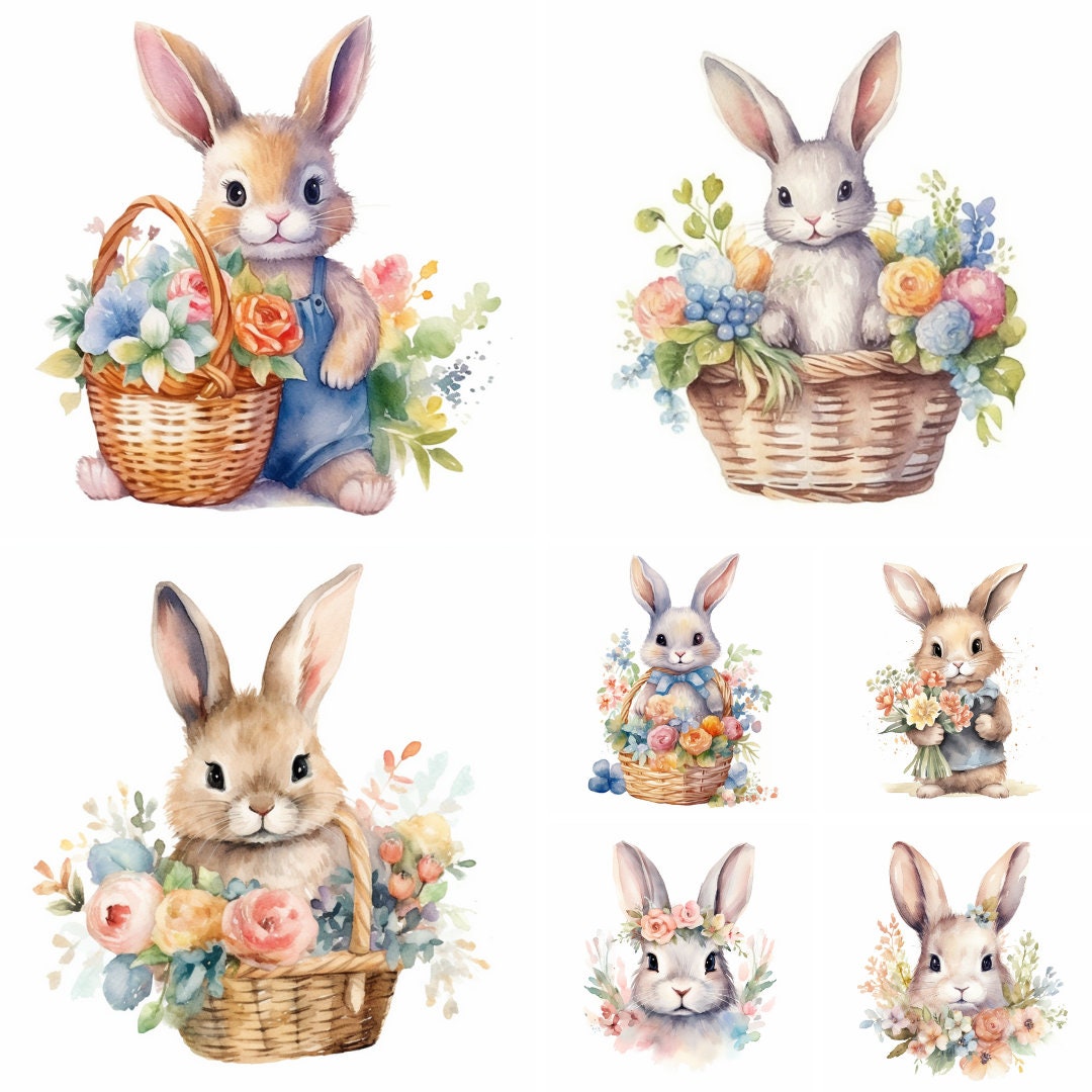 Bunnies Clipart, Floral Bunnies Clipart, Childrens Nursery Spring ...