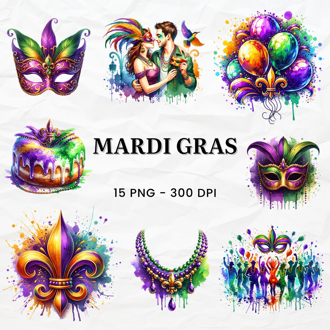 Watercolor Mardi Gras Clipart, 15 PNG Bundle, Fleur De Lis Clipart ...