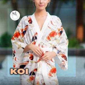 Kimono Robe White Koi Fish Ladies Dress Traditional Style Japanese ...