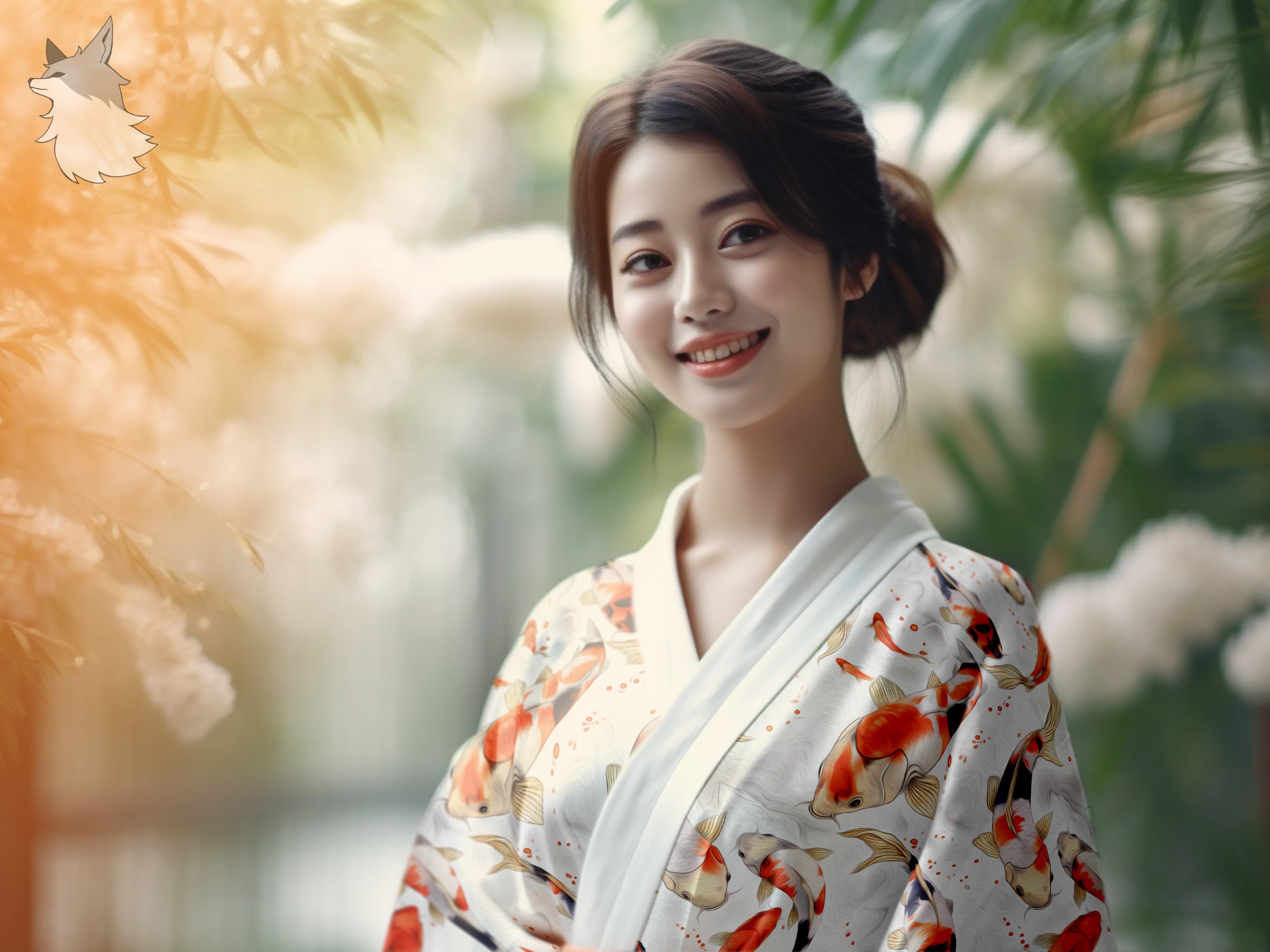 Kimono Robe White Koi Fish Ladies Dress Traditional Style Japanese ...