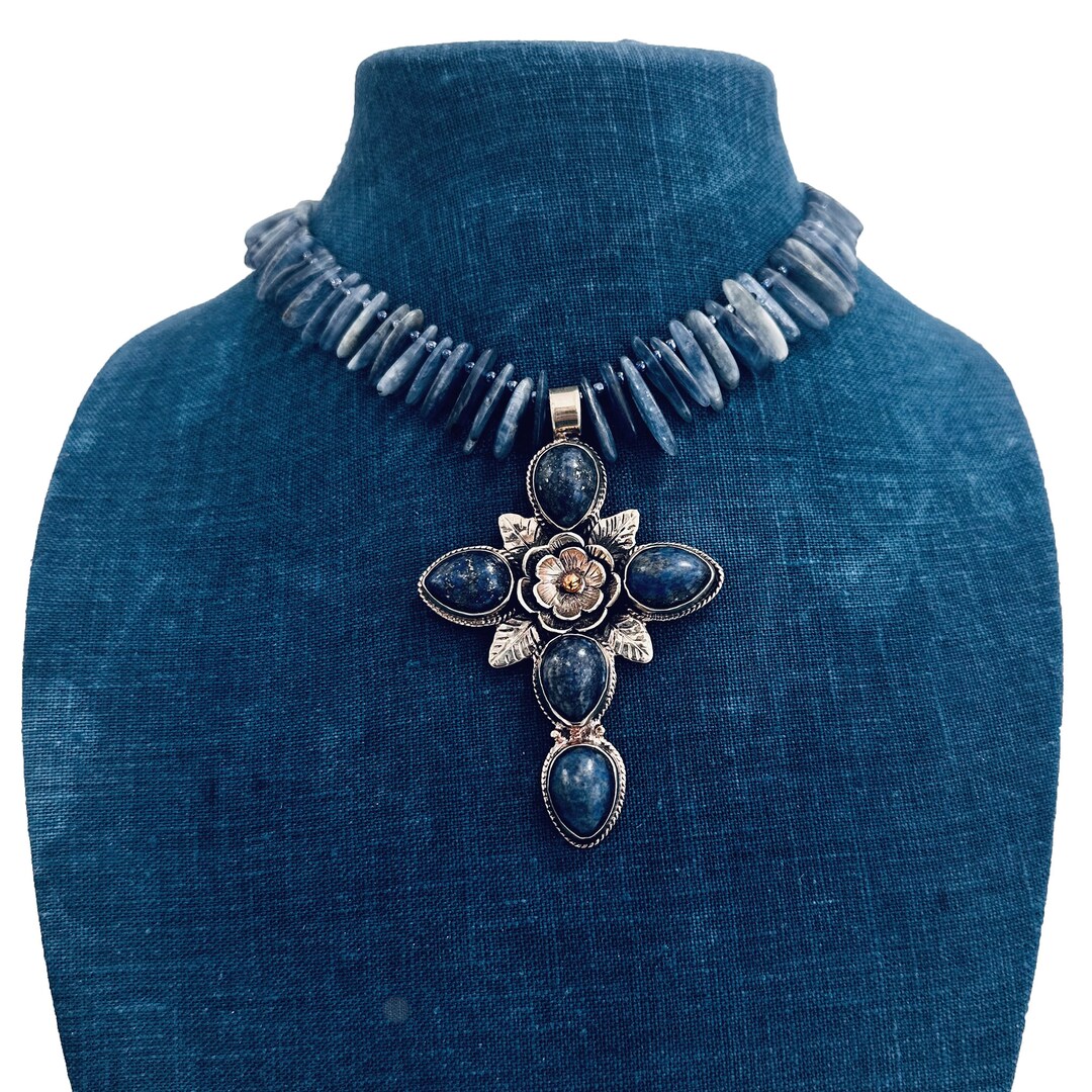 Chunky Cross Necklace, Beaded Cross Statement Necklace in Lapis Lazuli ...