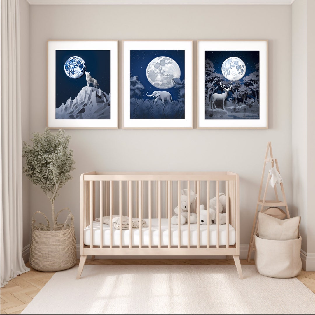 Moonlight Animals Nursery Decor, Set of 3 Prints, PRINTABLE Wall Art ...