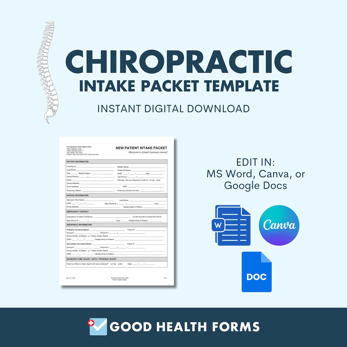 Chiropractic Intake Packet Template, Health History Form (digital ...
