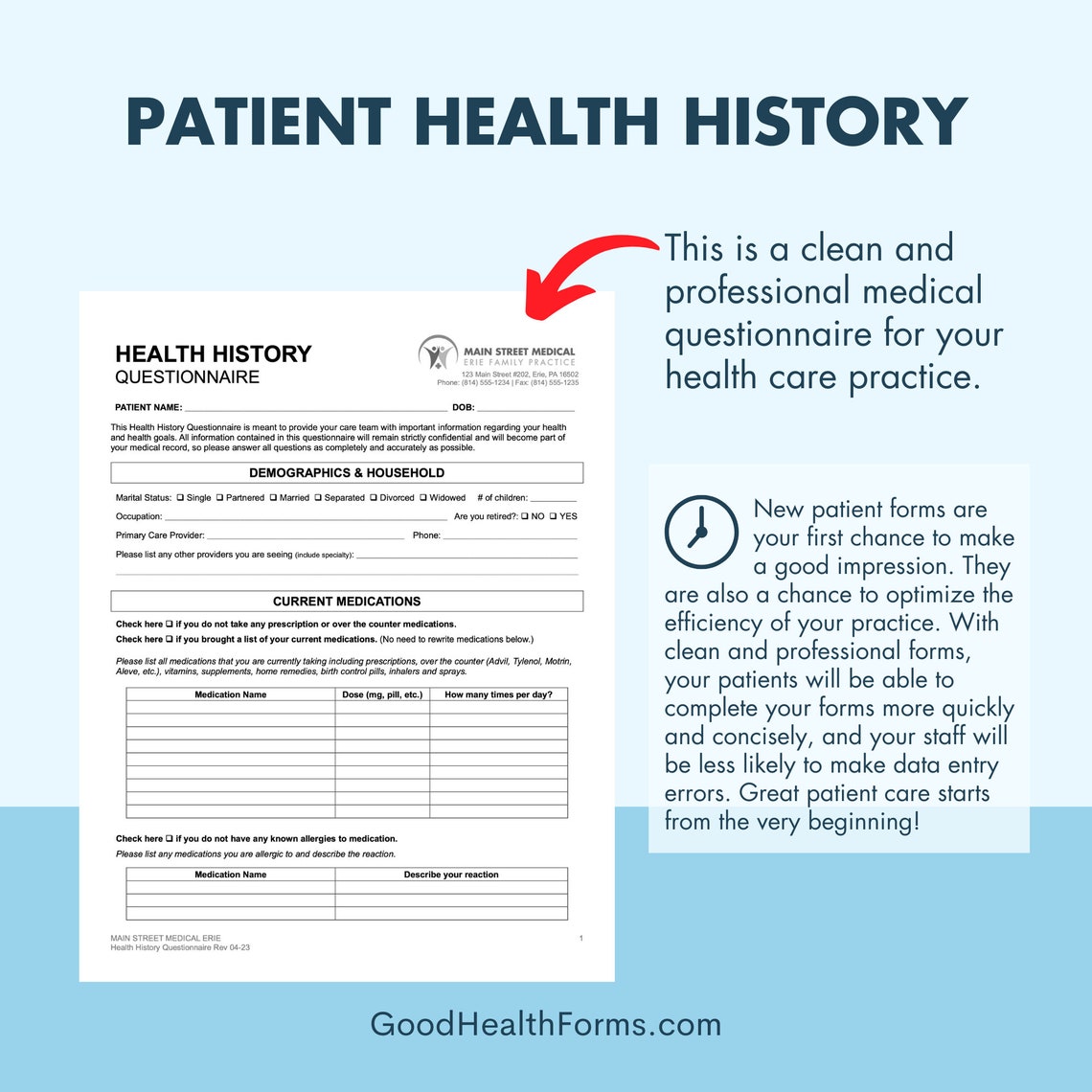 Patient Health History Template for Health Care Office Printable ...