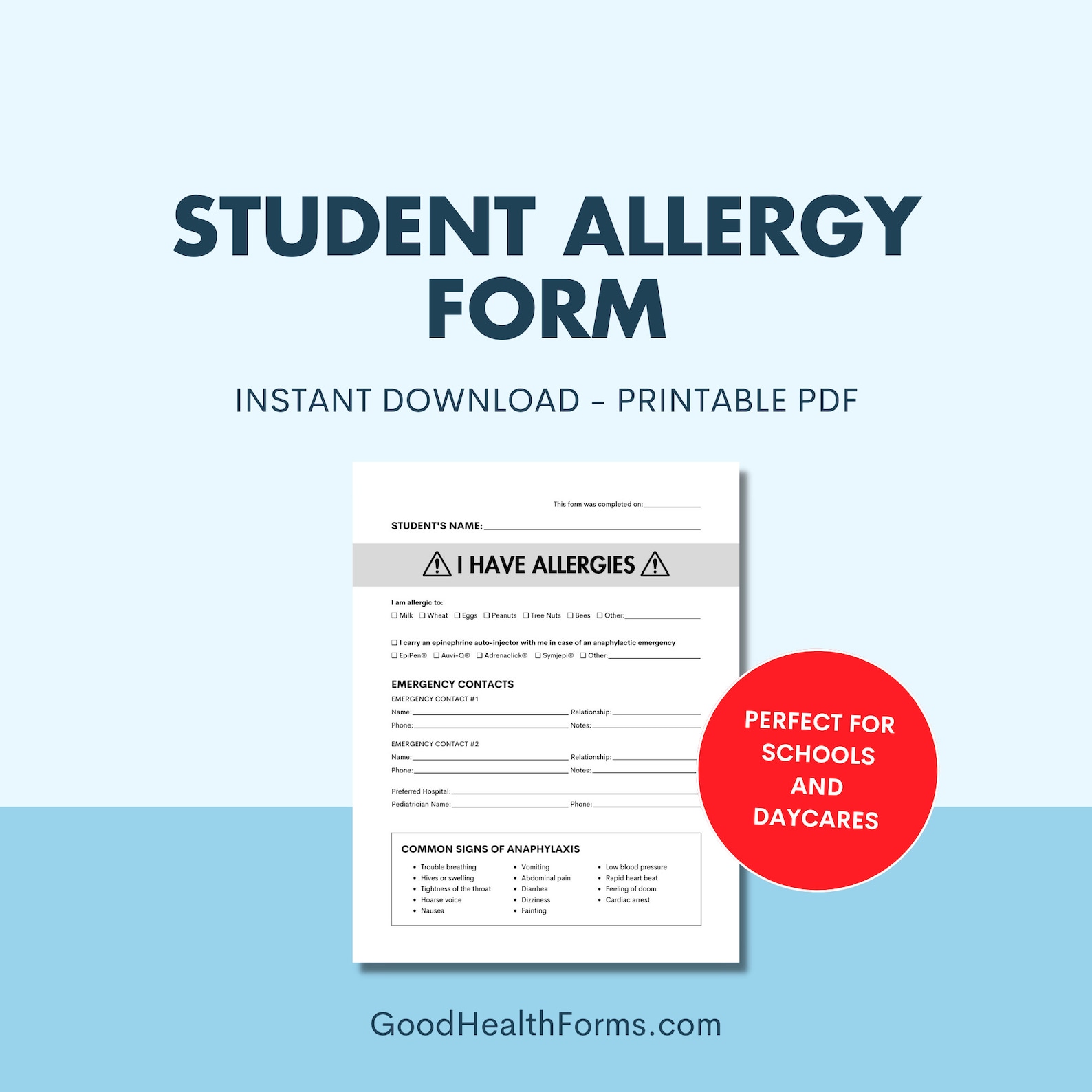 Student Allergy Form Printable PDF for Schools, Daycares, Childcare ...